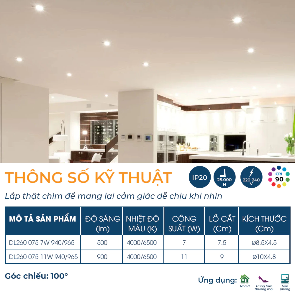 Âm Trần Philips DL260 Choá Sâu CRI 90 | 11W (Φ90)