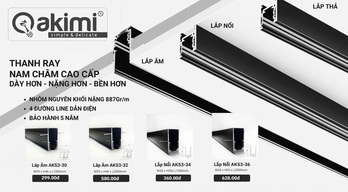 Thanh Ray Nam Châm Âm Trần Series 3.0 B100 L1000 | AKS3-30 - Akimi